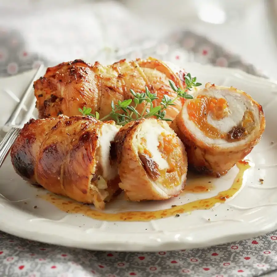 Rollo de pavo relleno con picadillo de verduras y orejones al brandy ...