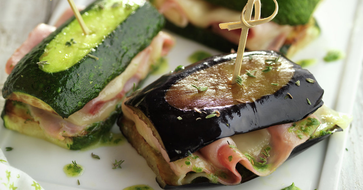 Montaditos de calabacín y berenjena con jamón y queso ¡el aperitivo más ...