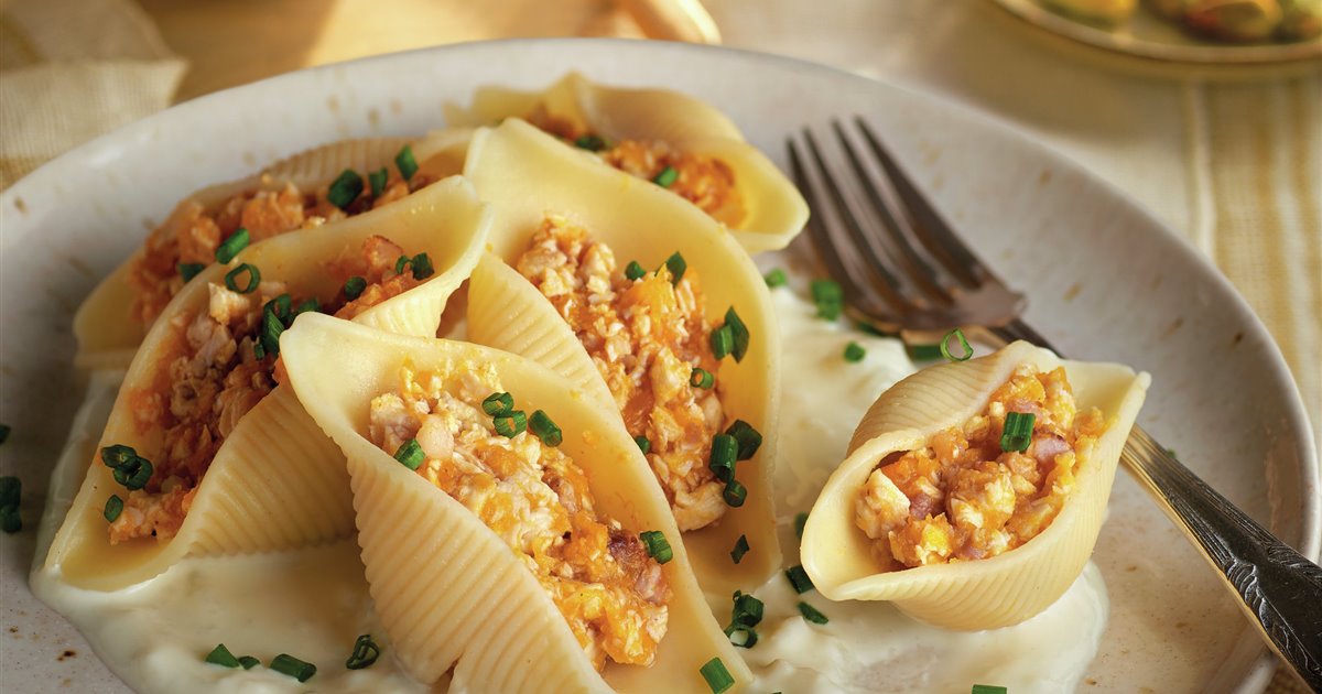 Conchas rellenas de pollo y boniato