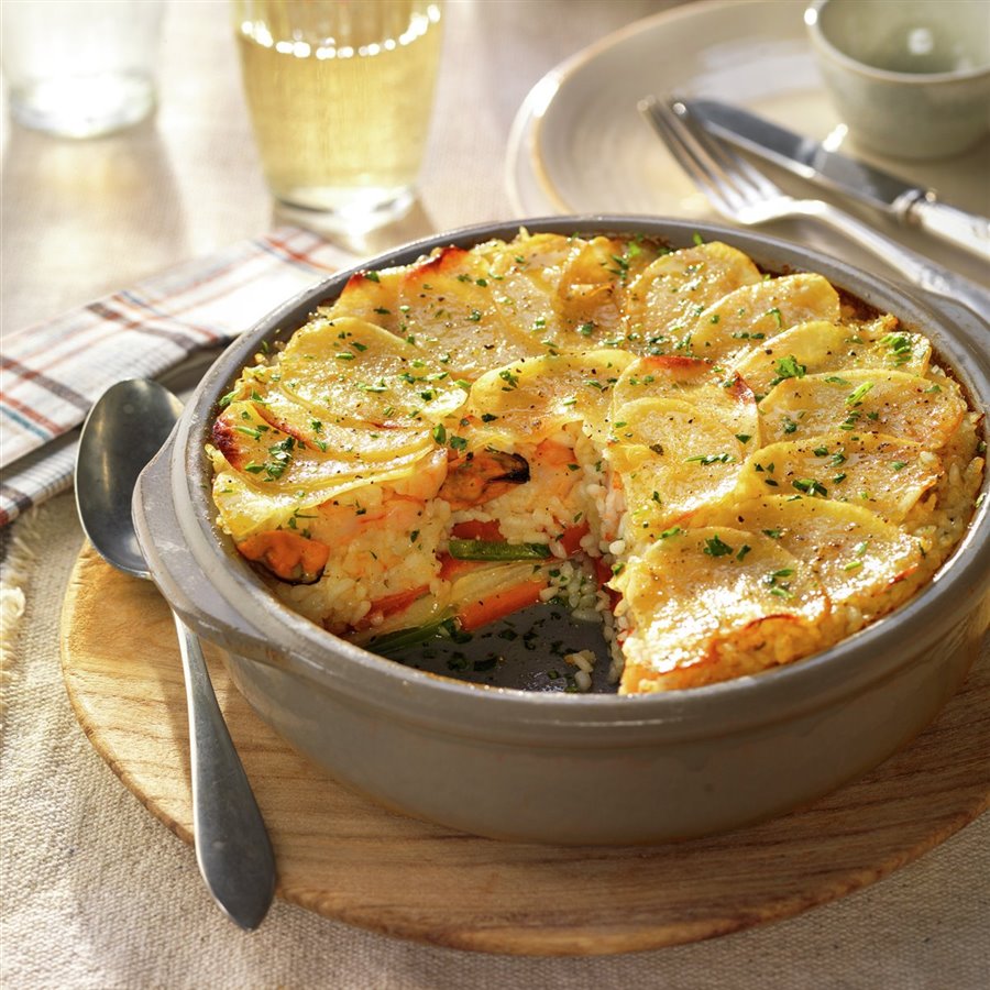 Arroz marinero con costra de patata