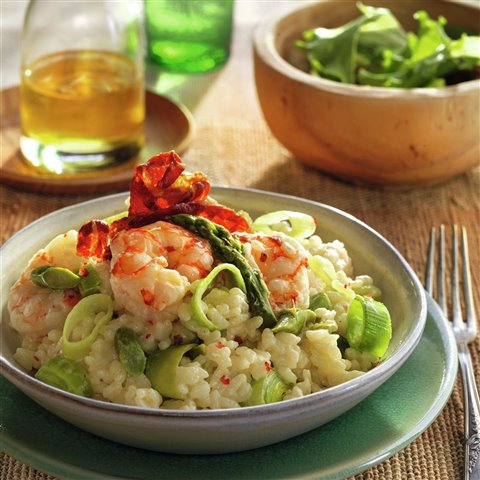 Risotto de gambas, puerro y jamón ibérico