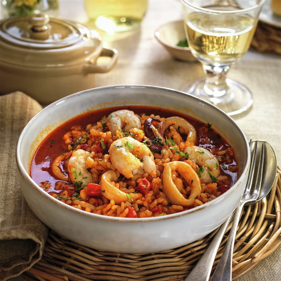 Arroz caldoso marinero, con gambas y calamares