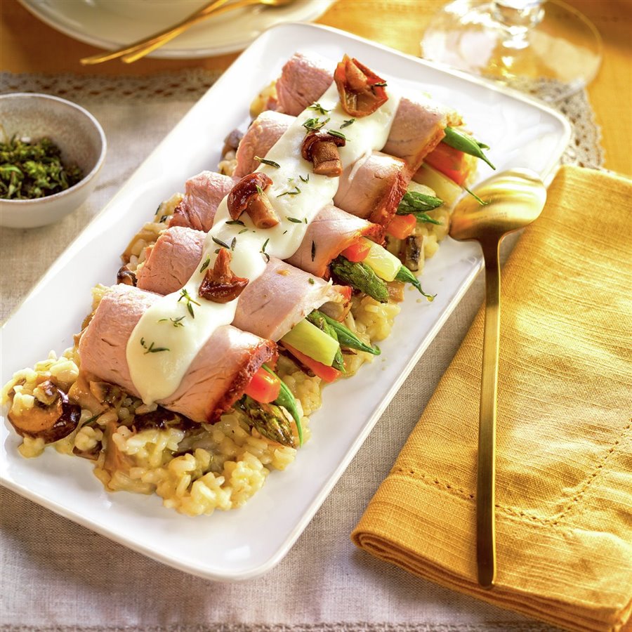 Rollitos de jamón asado con risotto