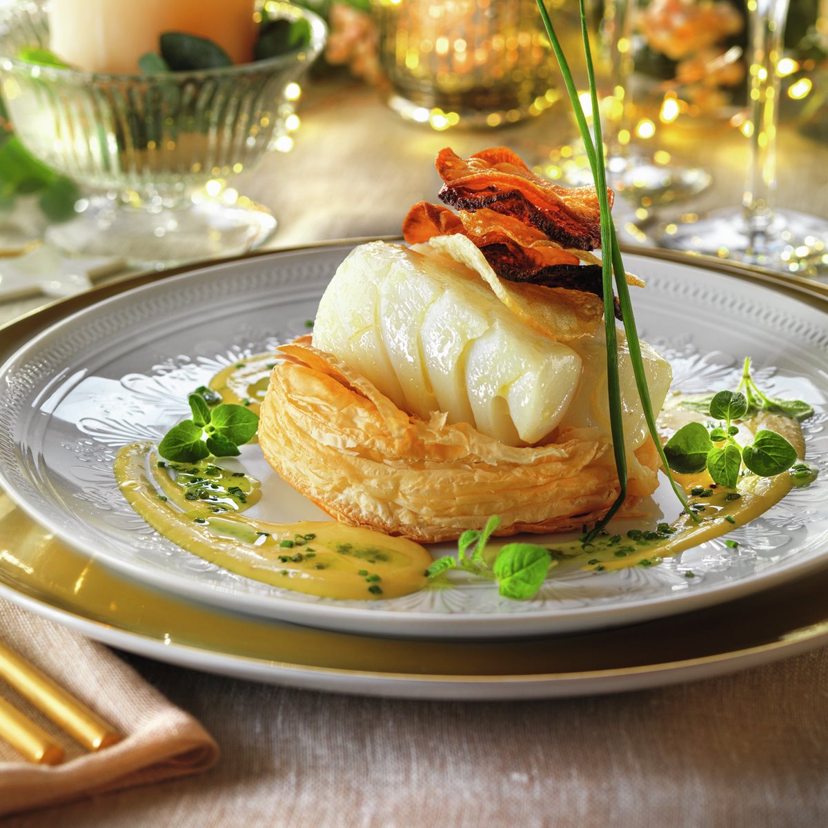 Bacalao confitado en crujiente de hojaldre
