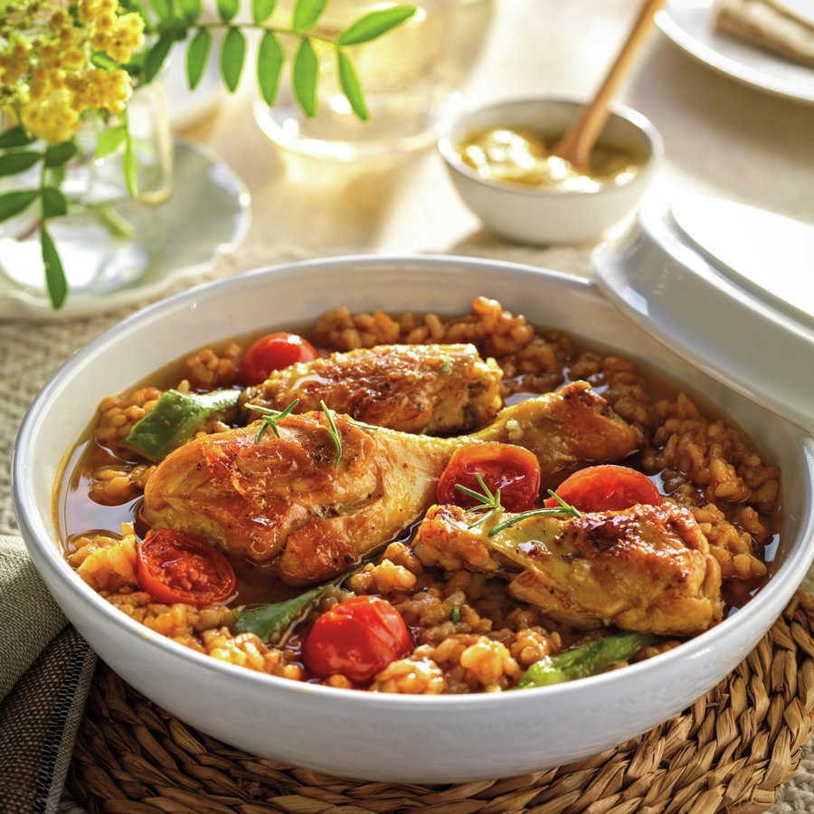 Pollo a la mostaza con arroz y cherrys