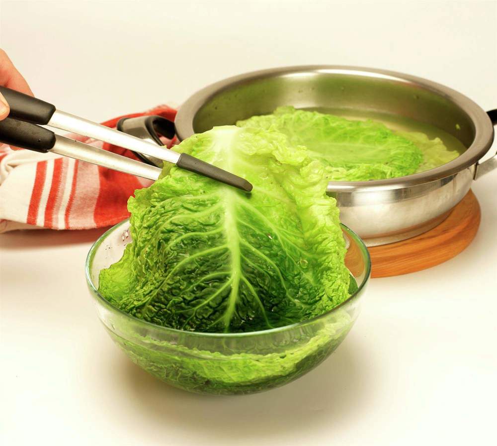 Rollitos de col rellenos de carne, sobre puré de judías pintas