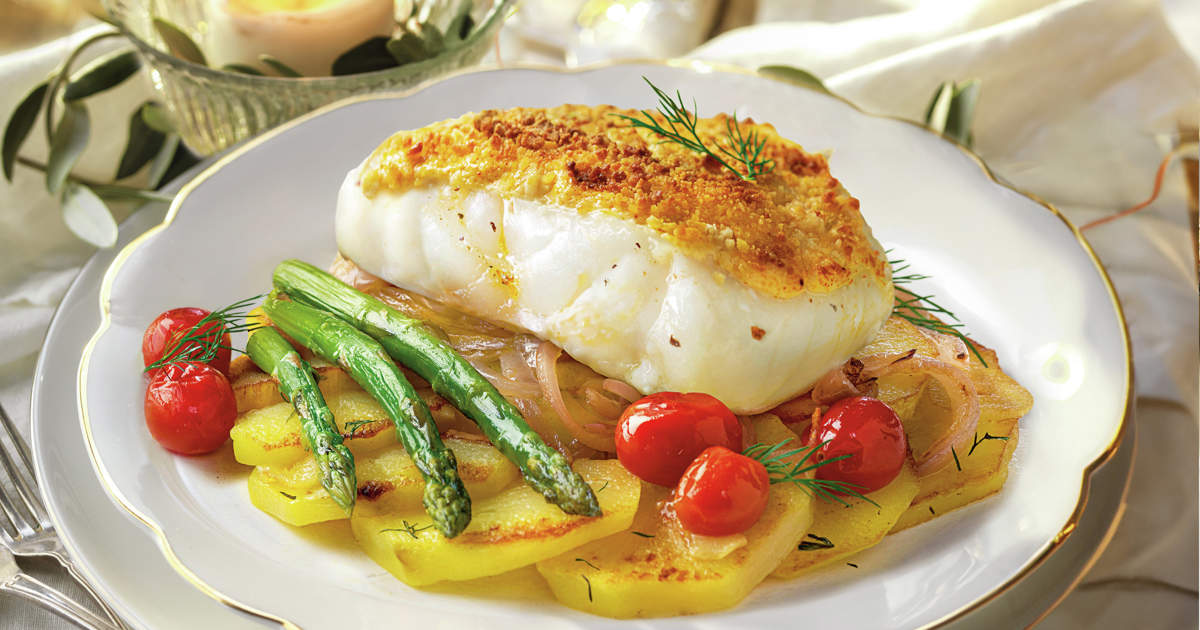 Lomo de bacalao con costra y patatas al horno