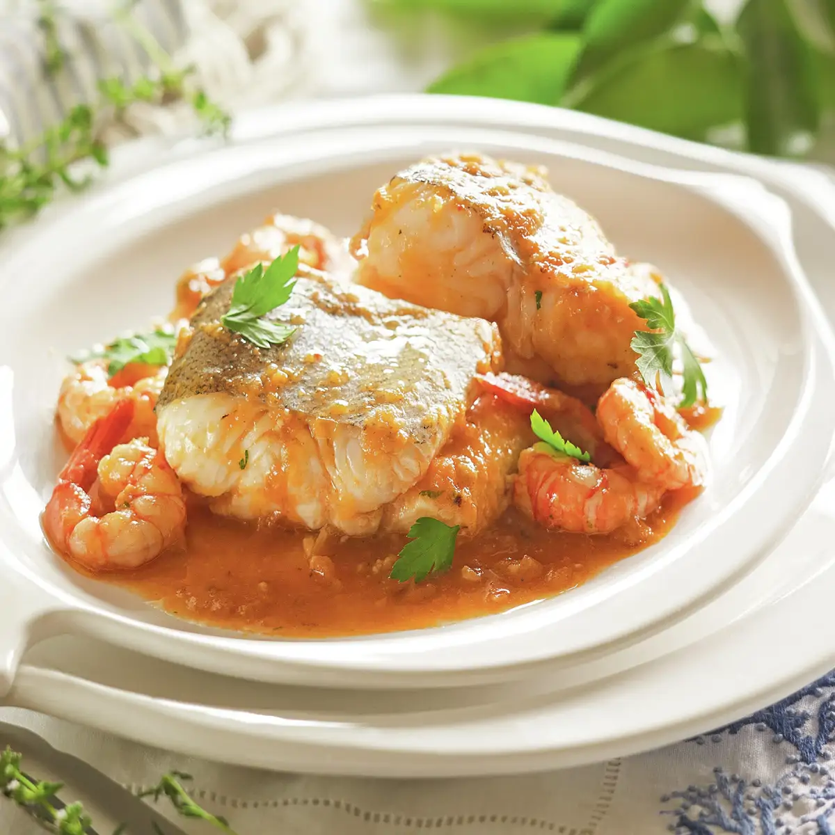 Merluza en salsa con gambas, receta clásica, suculenta y fácil