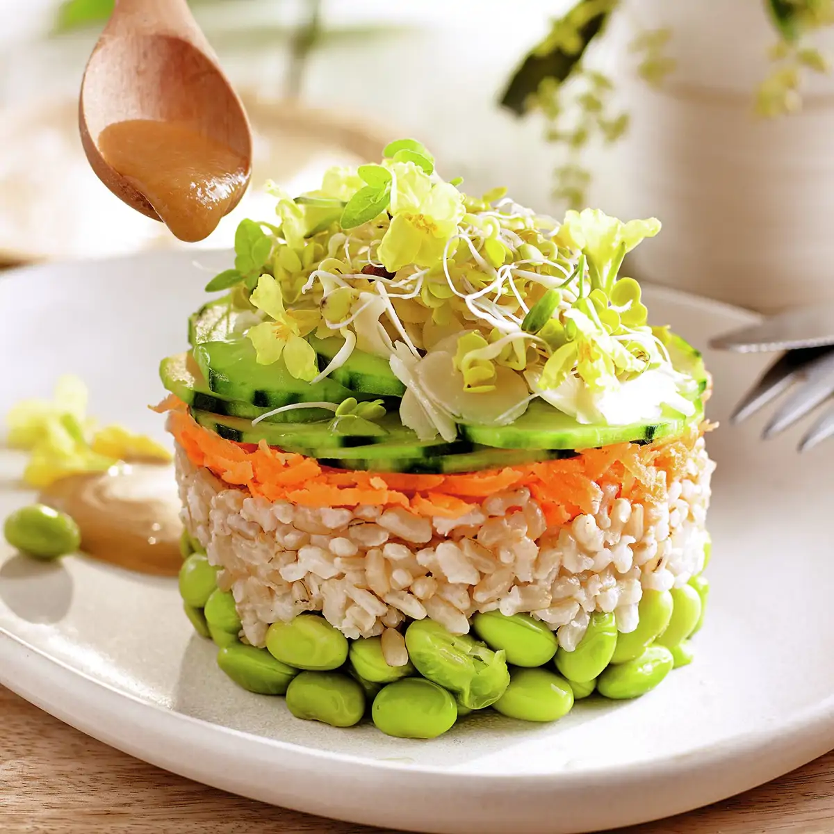 Ensalada de arroz en timbal con pepino, almendras y salsa de tamari ...