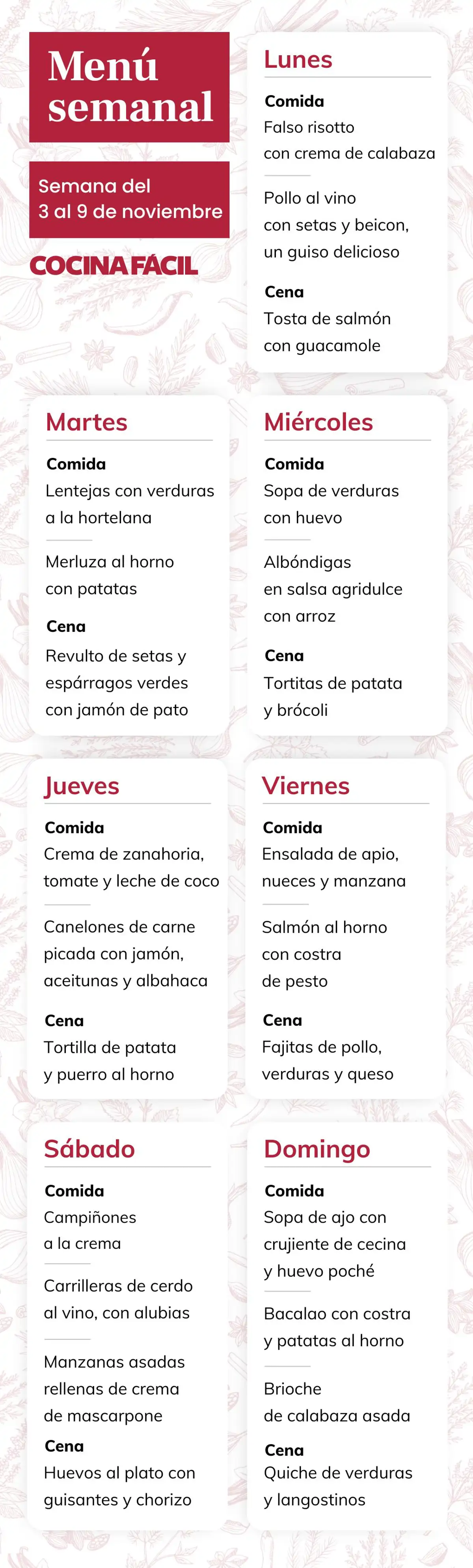 Menú semanal de Cocina Fácil del lunes 3 al domingo 9 de noviembre ...