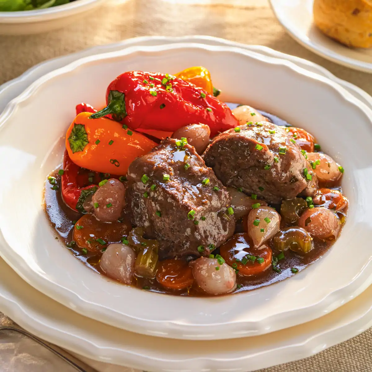 Guiso de ternera al vino tinto con cebollitas y pimientos baby (tipo ...