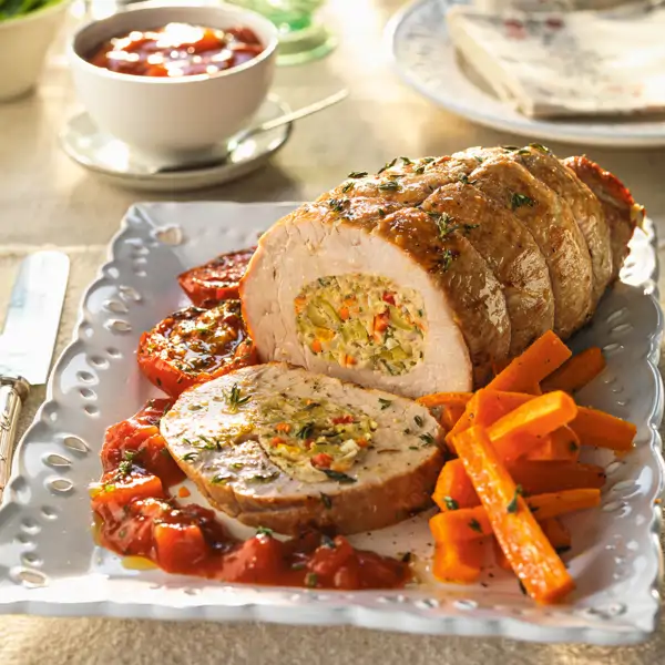 Rollo de cerdo mechado con pollo y verduras: una receta vistosa, fácil ...