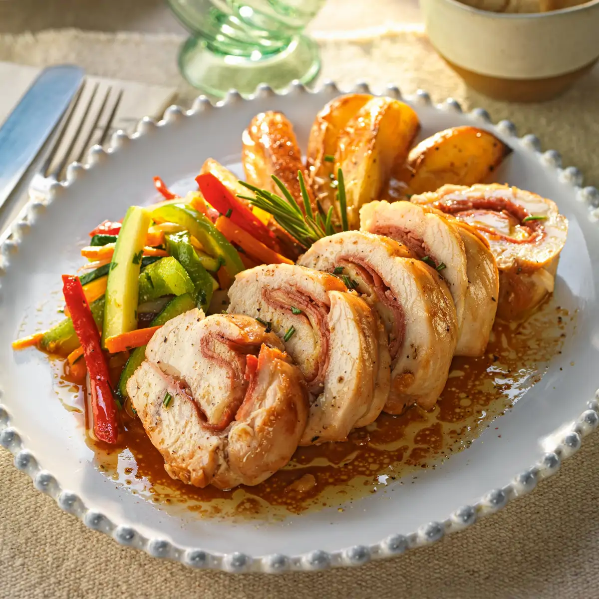 Rollo de pavo relleno con jamón y queso, un plato jugoso y rico para ...