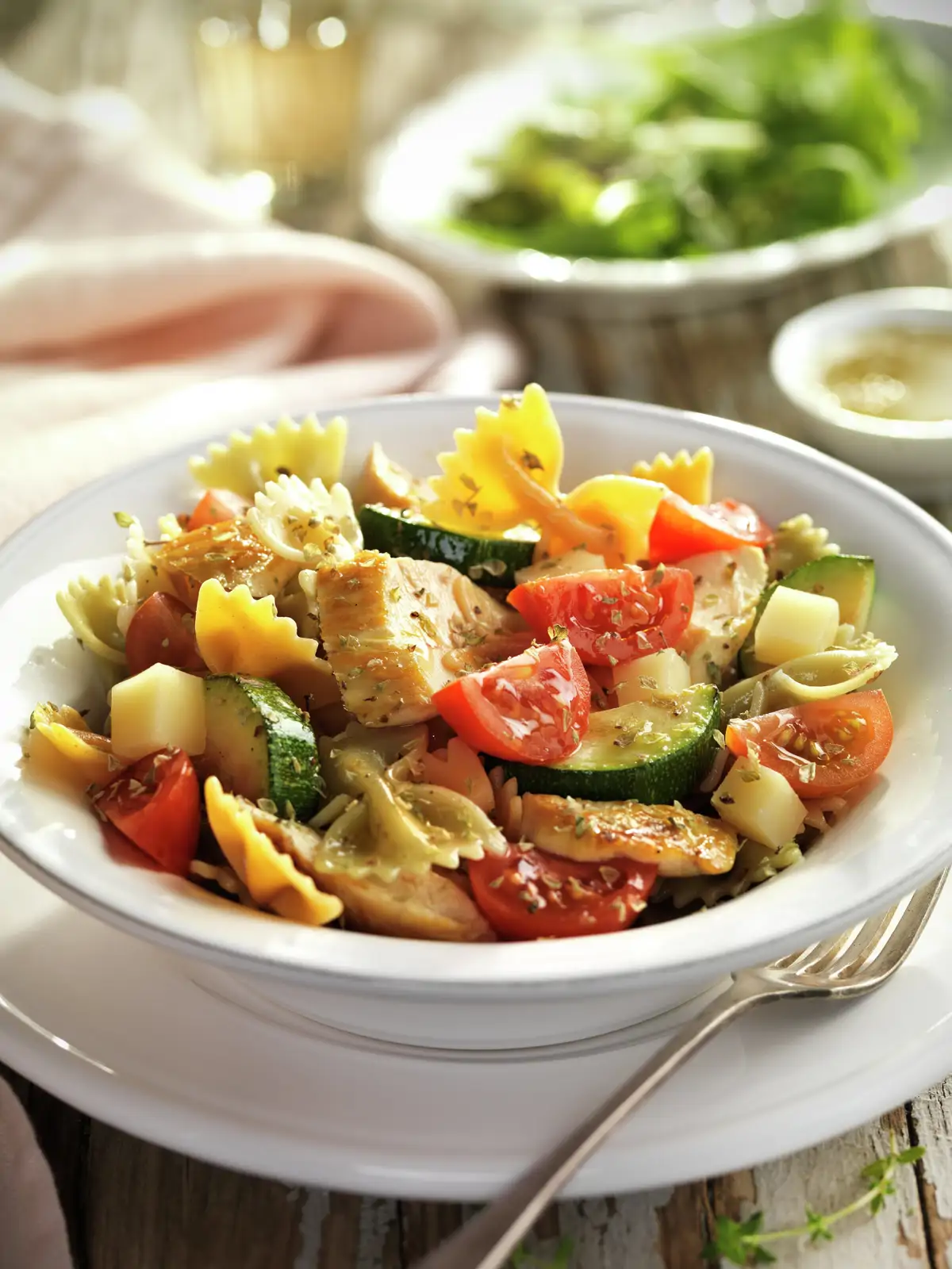 Ensalada de pasta con toque crujiente en airfryer