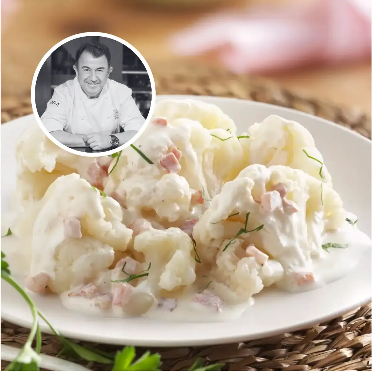 Coliflor en salsa de jamón y queso del chef Martín Berasategui