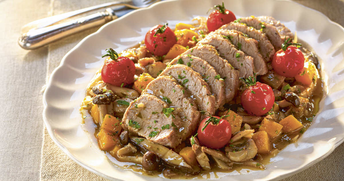 Solomillo de cerdo en sartén, con salsa de setas y tomatitos: así te ...
