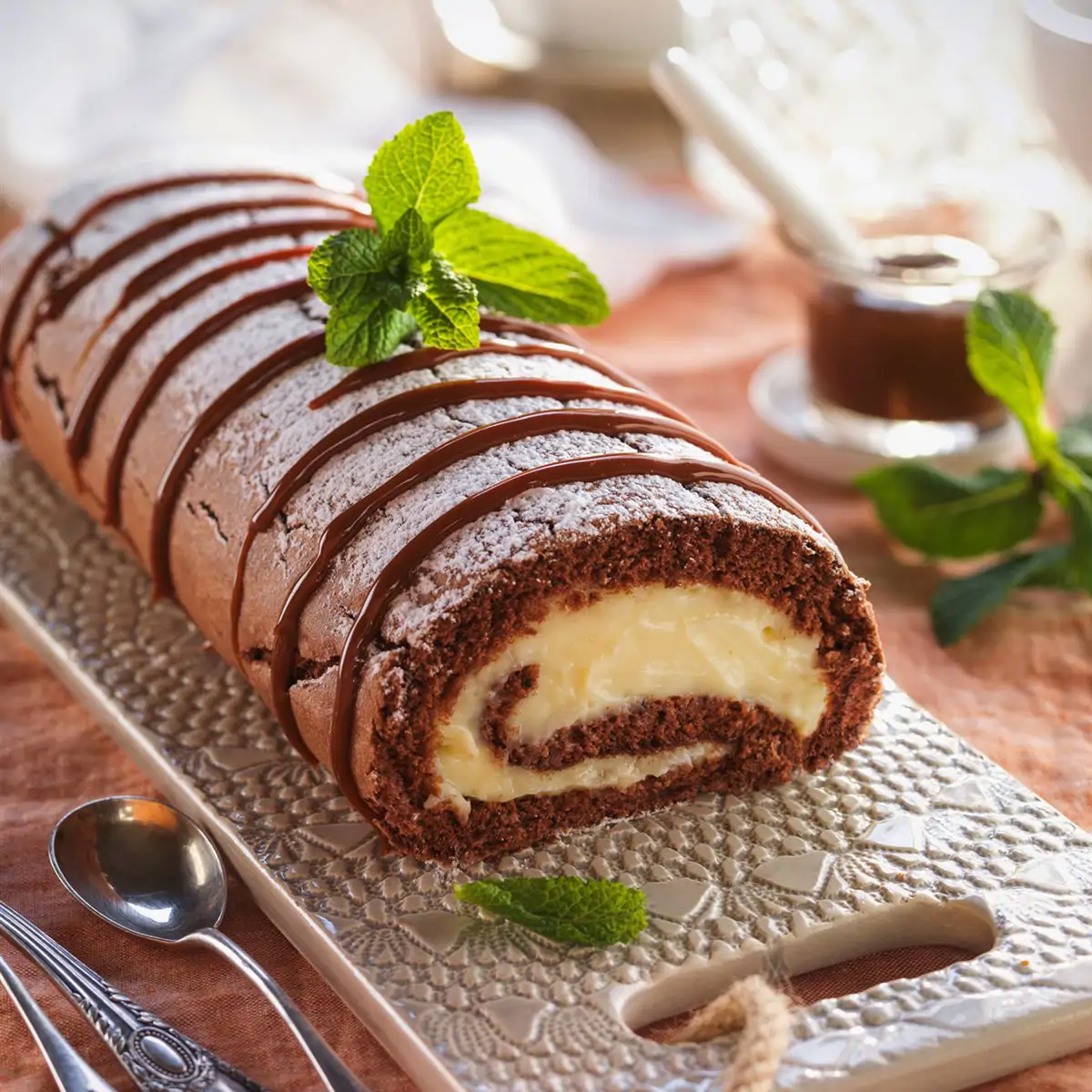 Brazo de gitano de chocolate y galletas hecho con crepes